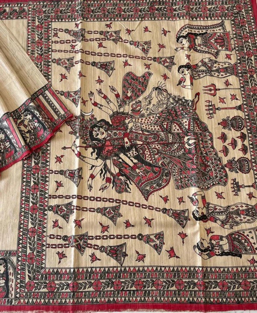 Natural Madhubani Hand Painted Maa Durga Pallu Tussar Ghicha Saree– Gi ...